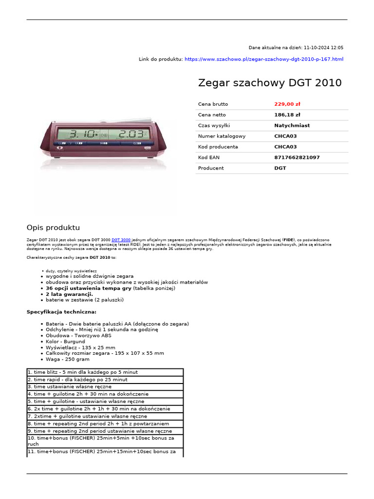 Zegar Szachowy DGT 2010 | PDF