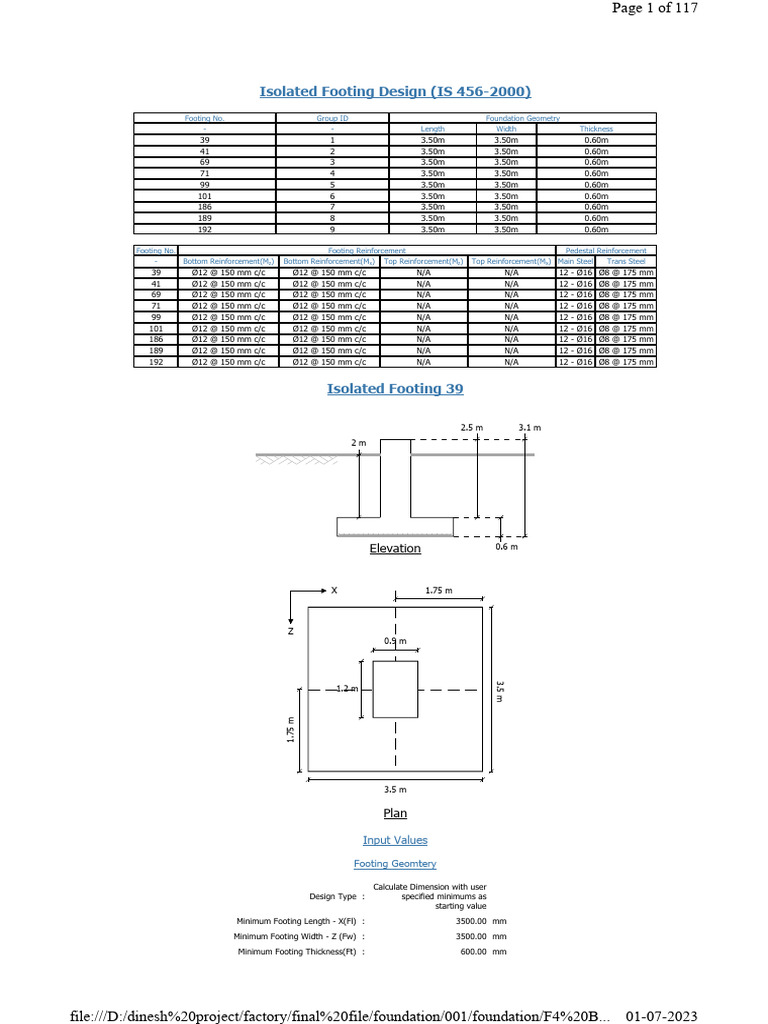 Isolated Footing Design (IS 456-2000) : Footing No. Group ID Foundation ...