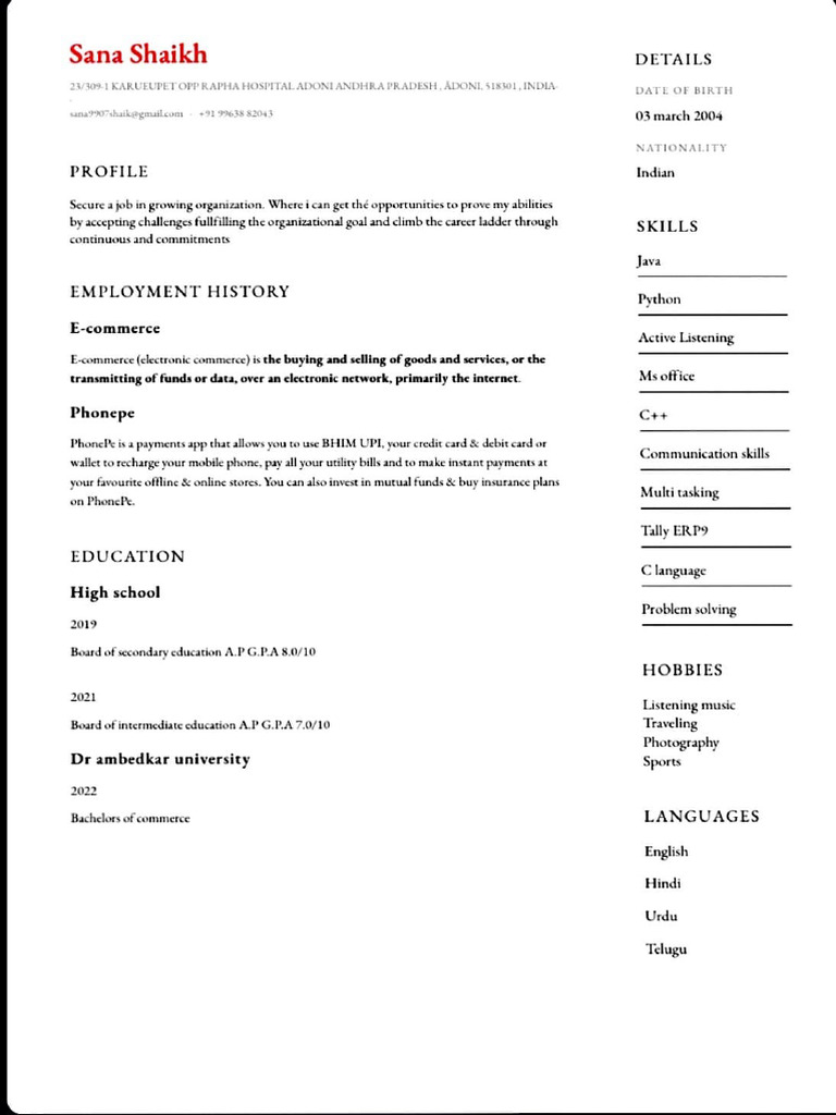 Sana Shaikh Resume | PDF