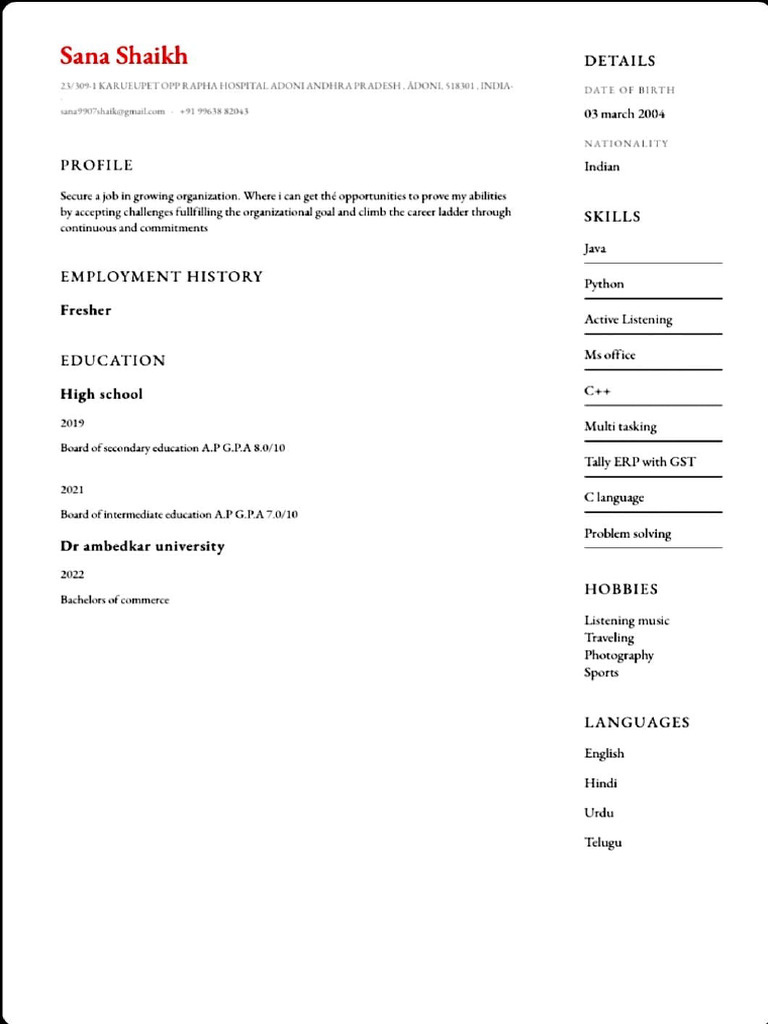 Sana Shaikh Resume 1 | PDF