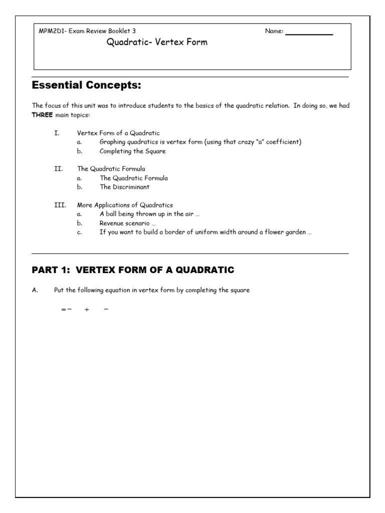 mpm2d1 Exam Review Booklet 3 | PDF | Quadratic Equation | Mathematical ...