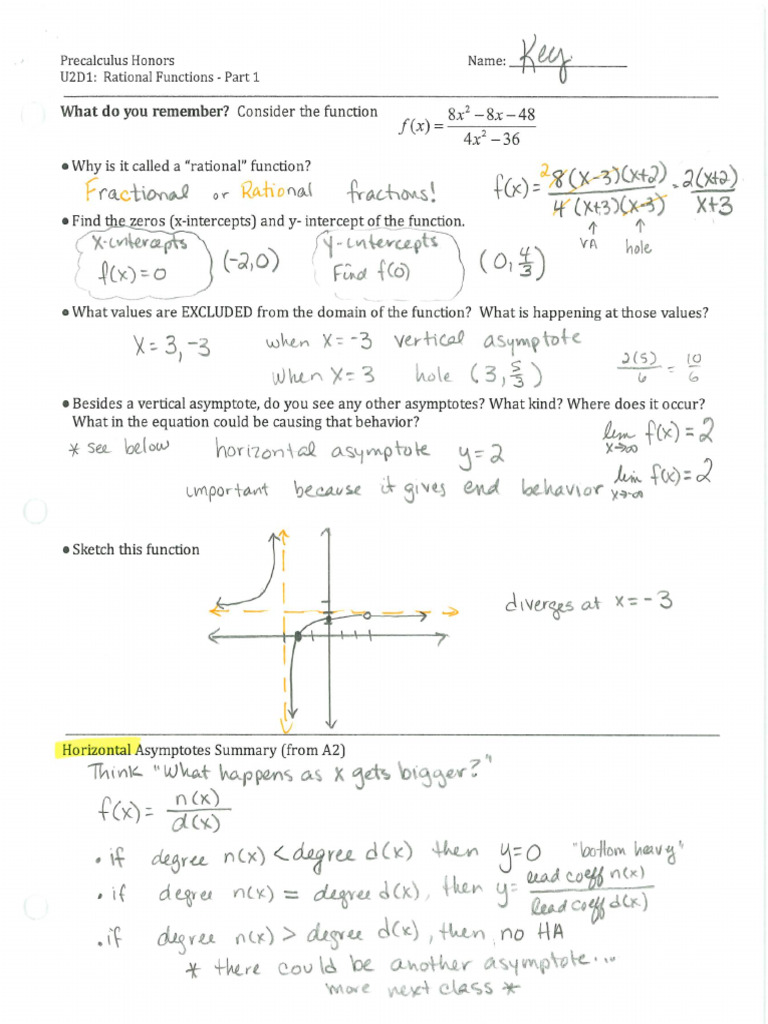 U2D1 Notes Rational Functions Part 1 Key | PDF