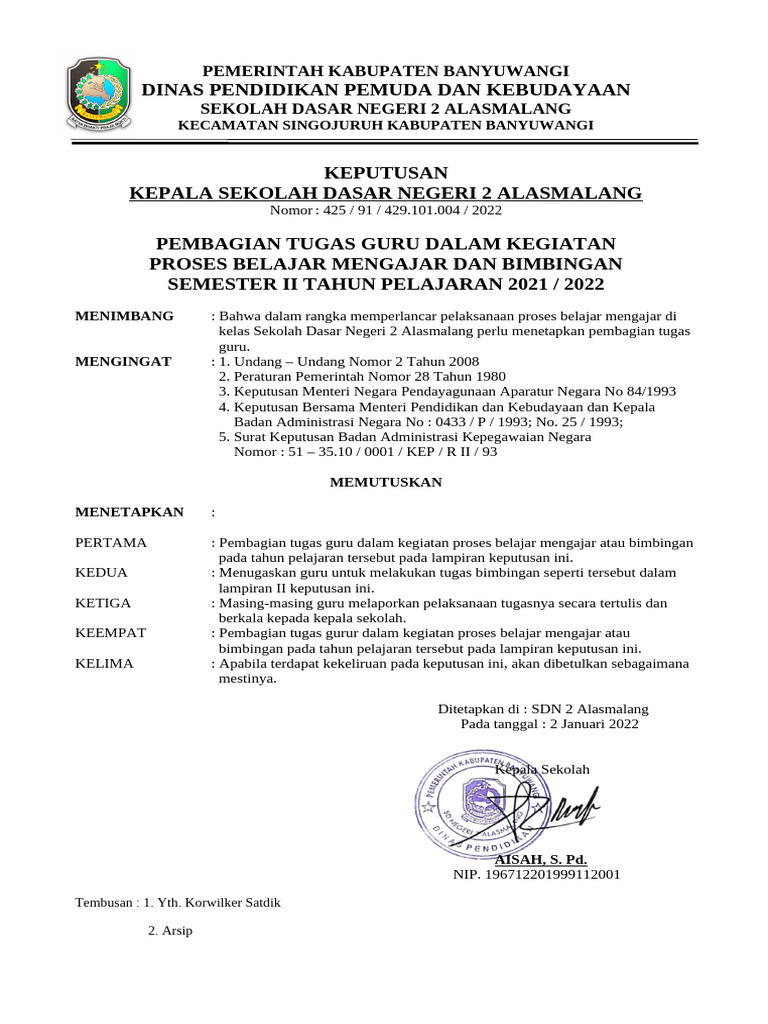 Surat Pembagian Tugas Mengajar 2021-2022 SEMESTER II | PDF