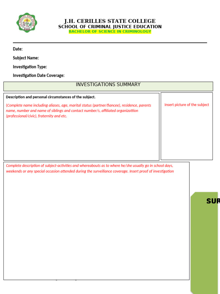Surveillance Report Template | PDF | Crimes | Crime & Violence