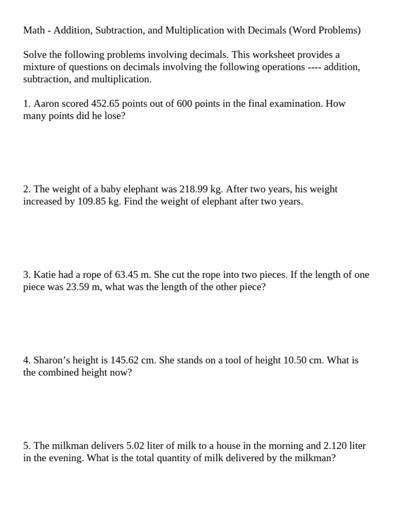 Decimal Operations Word Problems Worksheet | PDF | Teaching Methods ...