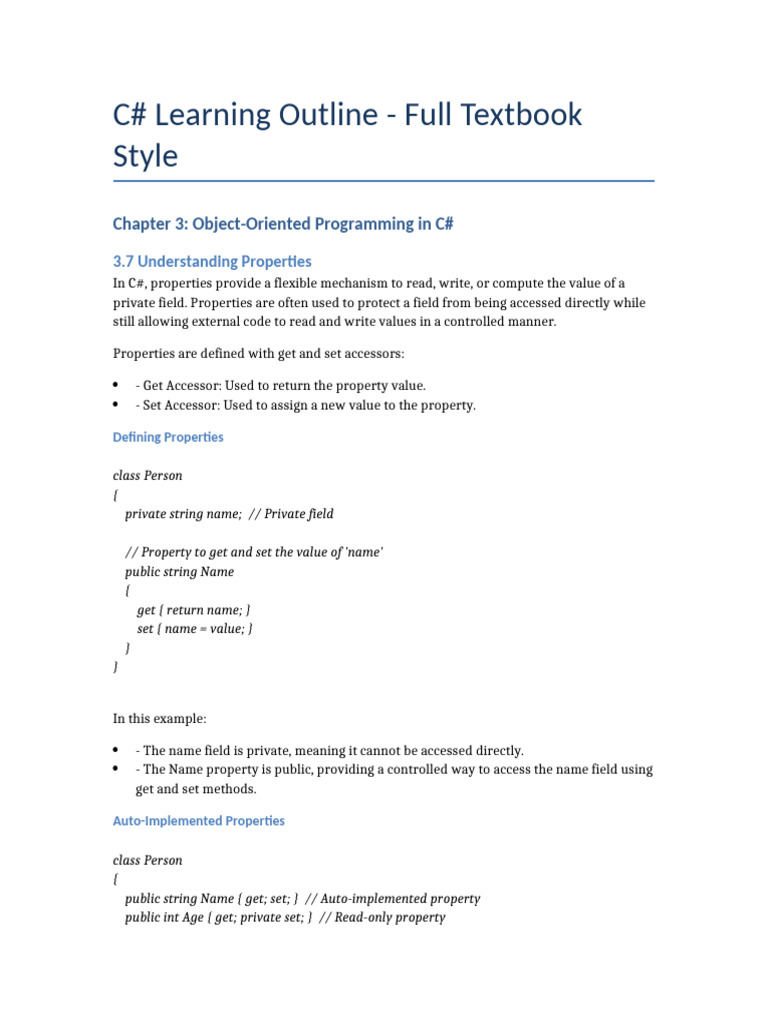 CSharp Learning Outline TextbookStyle | PDF | Class (Computer Programming) | Namespace