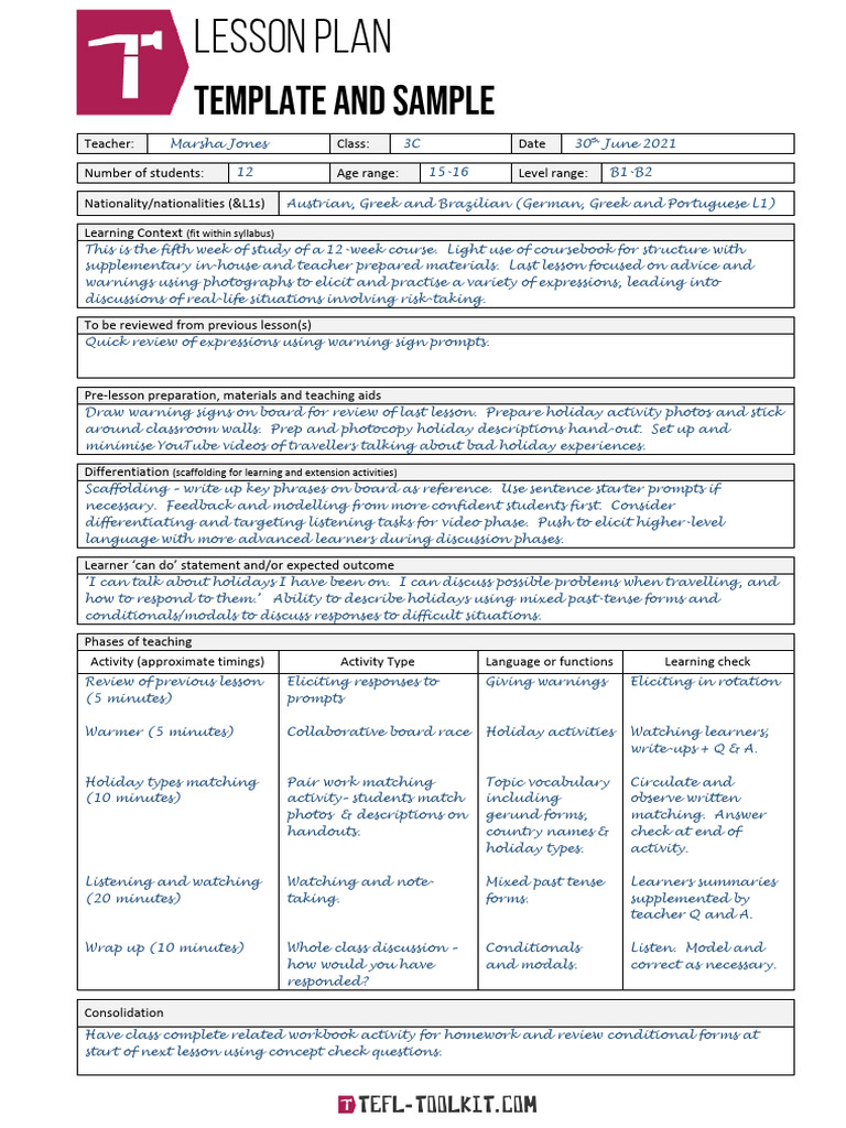Sample and Template Lesson Plan | PDF | Lesson Plan | Learning