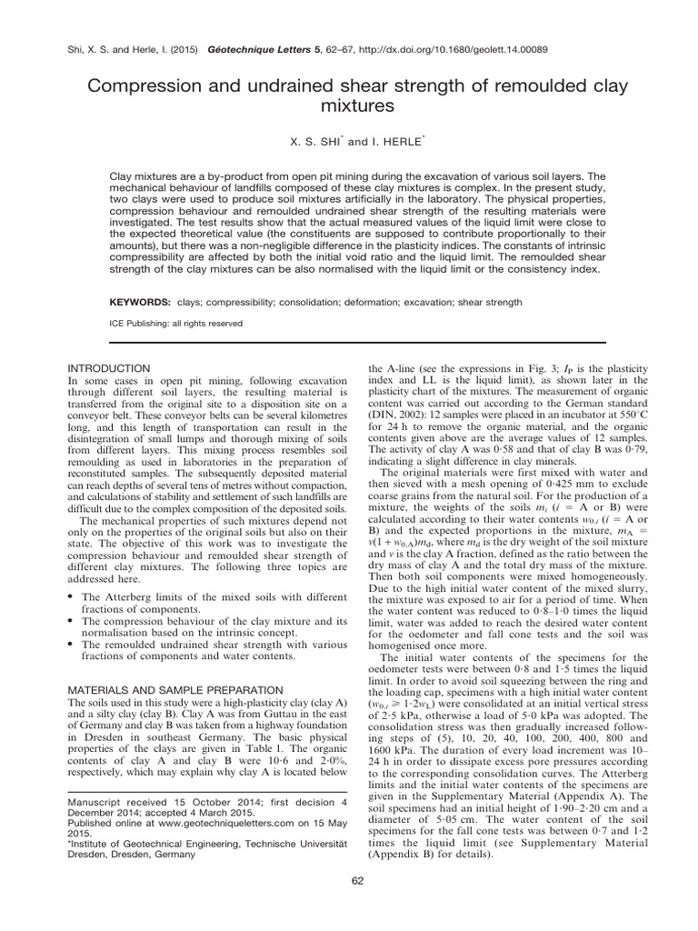 Compression and Undrained Shear Strength of Remoulded Clay Mixtures ...