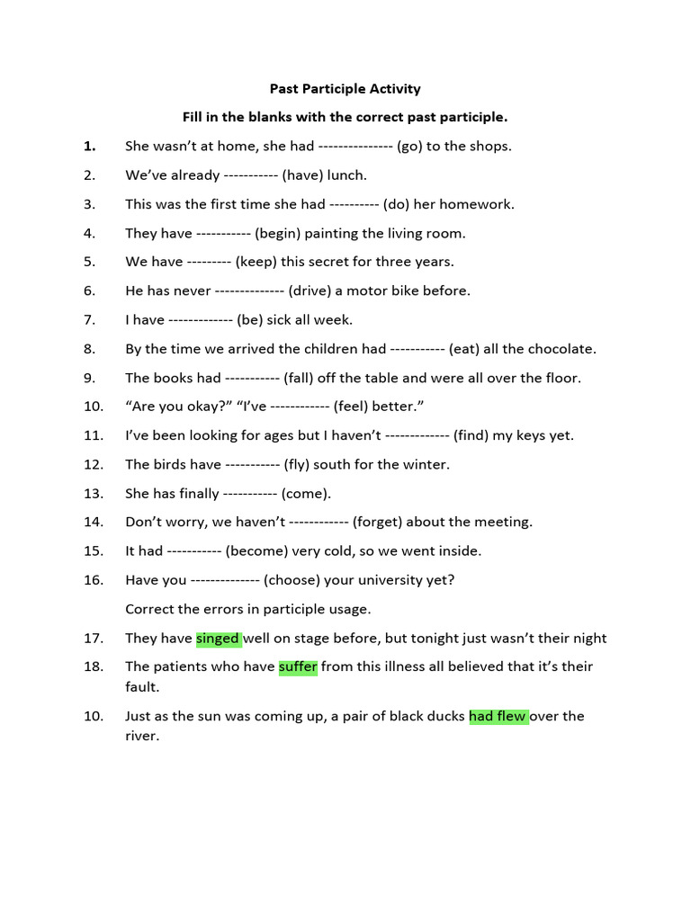 Past Participle Fill-in Activities | PDF
