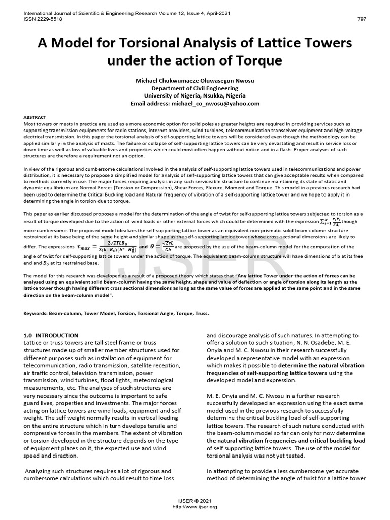 A Model For Torsional Analysis of Lattice Towers Under The Action of ...