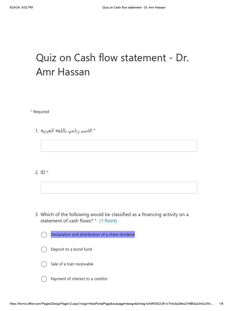 Quiz On Cash Flow Statement (With Answers) - Dr. Amr Hassan | PDF ...