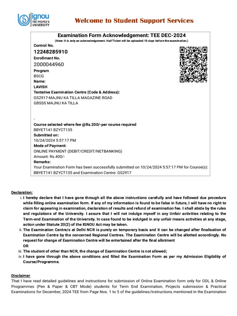 IGNOU - Examination Form Acknowledgement | PDF