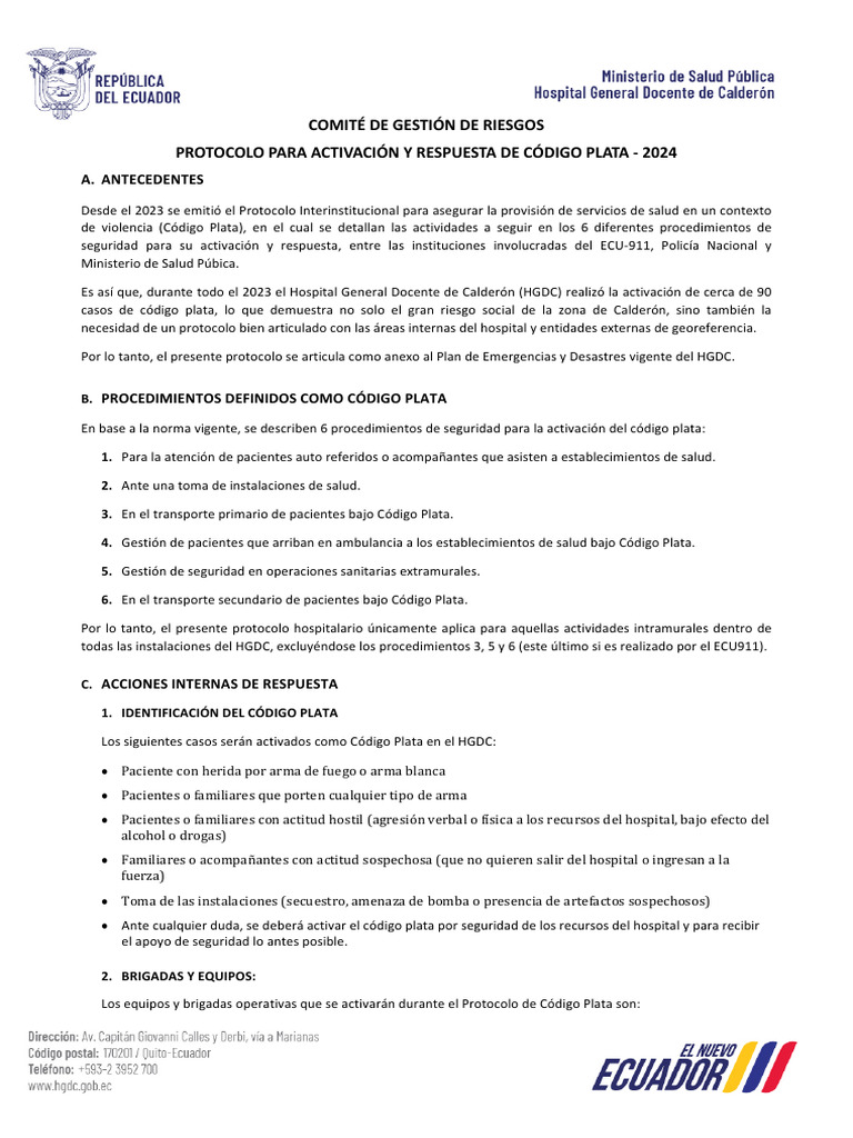 Protocolo Código Plata en Hospitales 2024 | PDF | Hospital | Policía