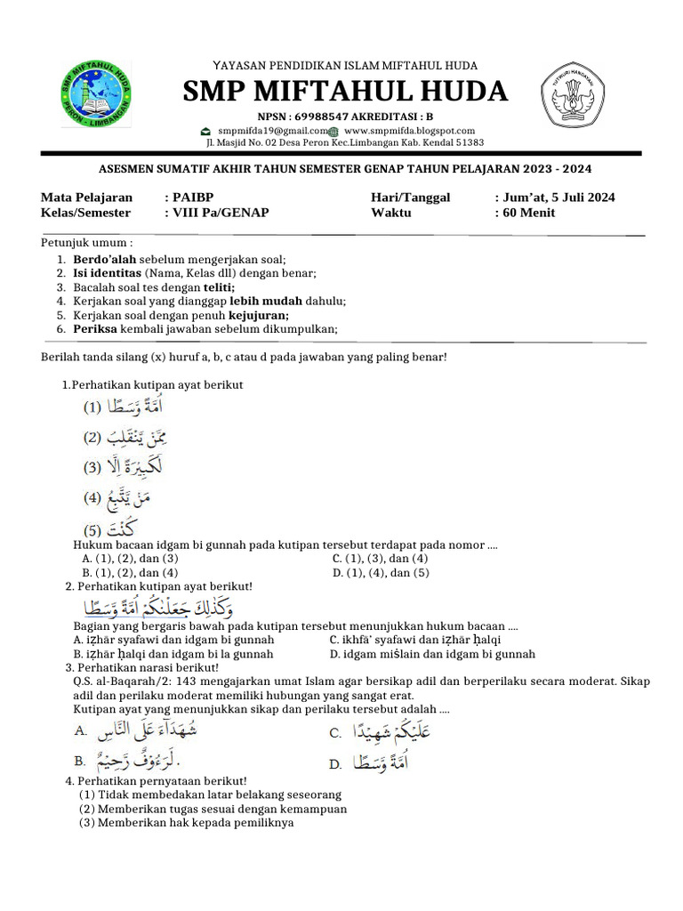 PABP Soal Asat Kelas 8 Putra | PDF | Kajian Bahasa Asing | Agama ...