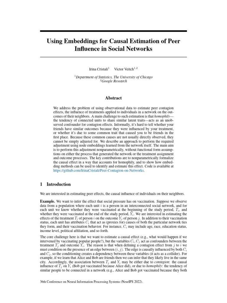 NeurIPS 2022 Using Embeddings For Causal Estimation of Peer Influence in Social Networks Paper ...