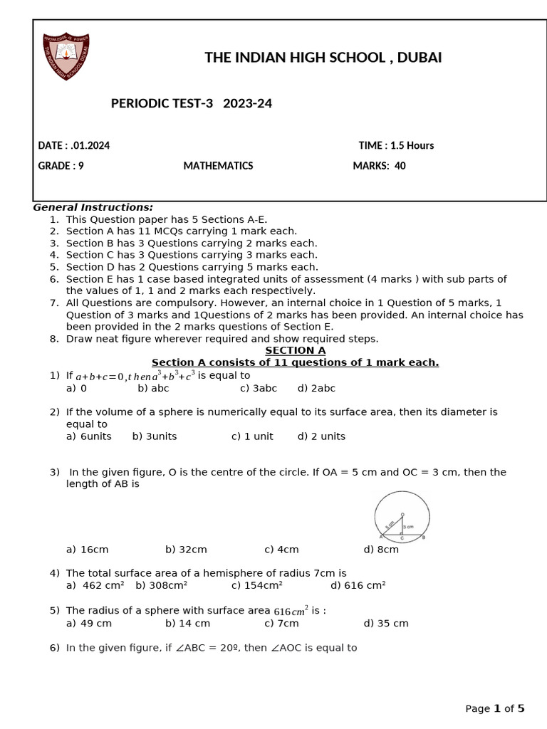 GR9-PT - 3-Math - QP-2023-24 | PDF | Sphere | Area