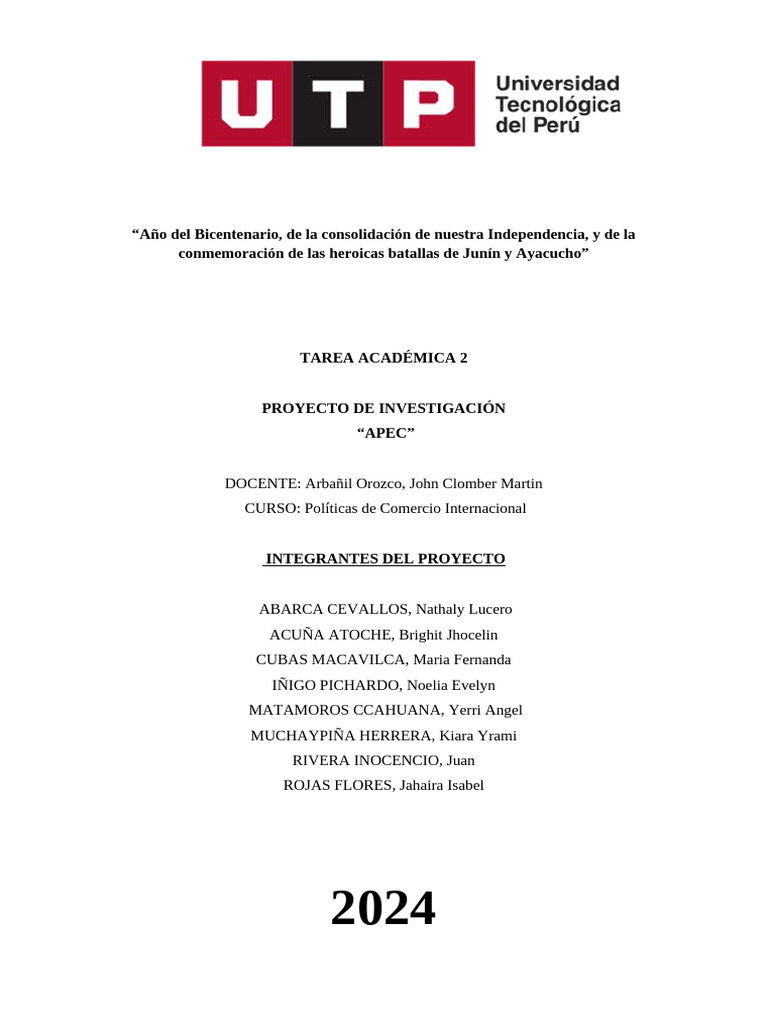 Tarea Académica 2 - APEC - Grupo 4 | PDF | Cooperacion economica Asia Pacifico | Acuerdo de ...