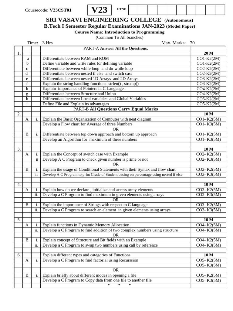 Model Question Paper Itp V23cst01 Set 1 Pdf C Programming Language Software Engineering
