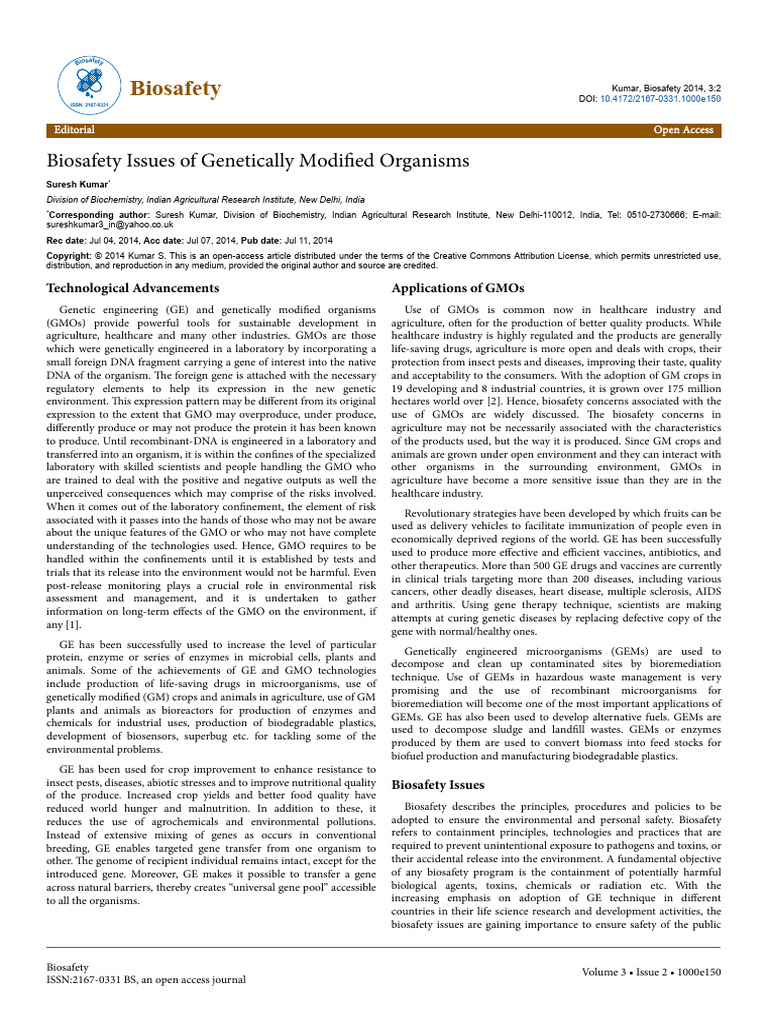 Biosafety Issues of Genetically Modified Organisms 2167 0331.1000e150 ...