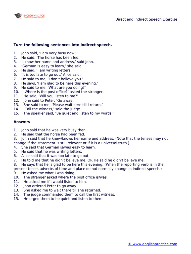 Turn The Following Sentences Into Indirect Speech | PDF | Language Arts ...