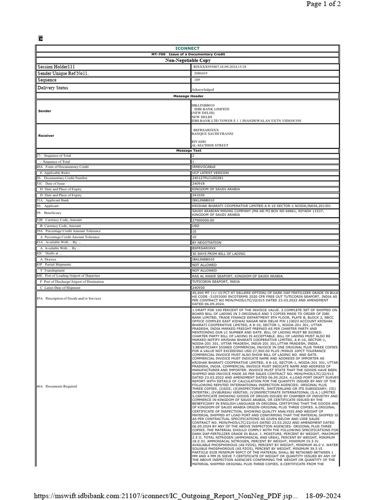 KRIBHCO SWIFT MT700 240127FLCU00281 (1) | PDF | Bill Of Lading | Banks