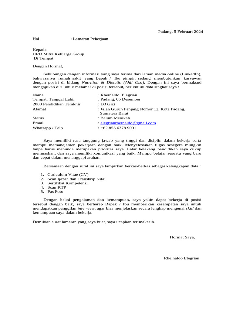 Surat Lamaran | PDF | Karier & Perkembangan