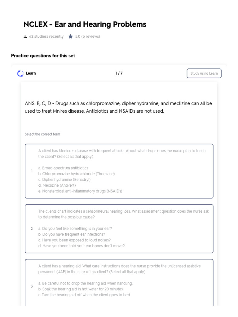 NCLEX - Ear and Hearing Problems Flashcards - Quizlet | PDF | Ear ...
