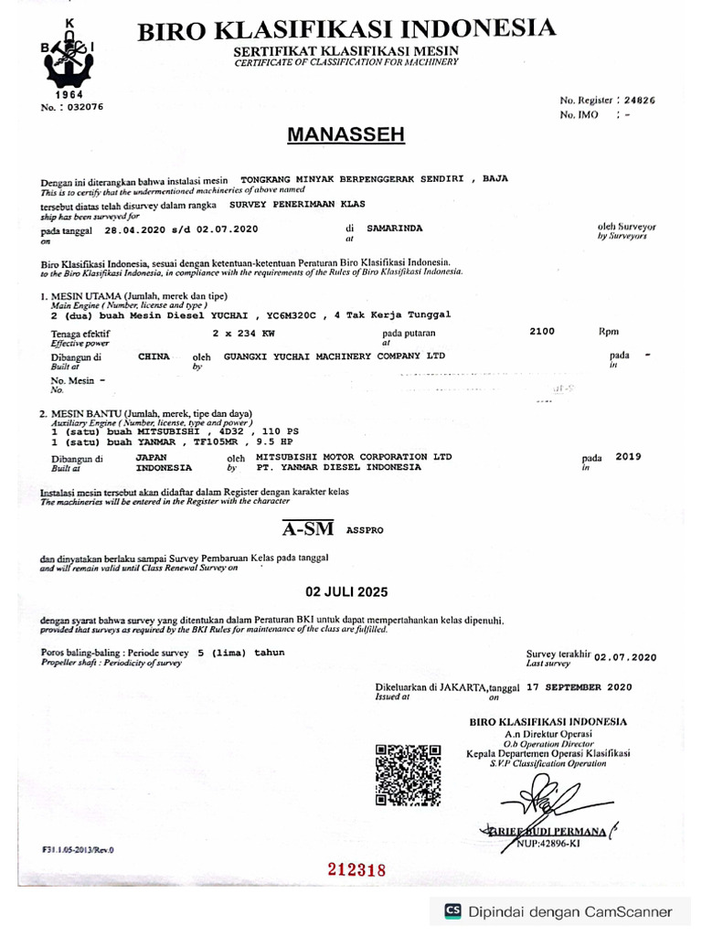 1.2.6b BKI Tahunan SERT. BKI KLASIFIKASI MESIN - MANASSEH | PDF