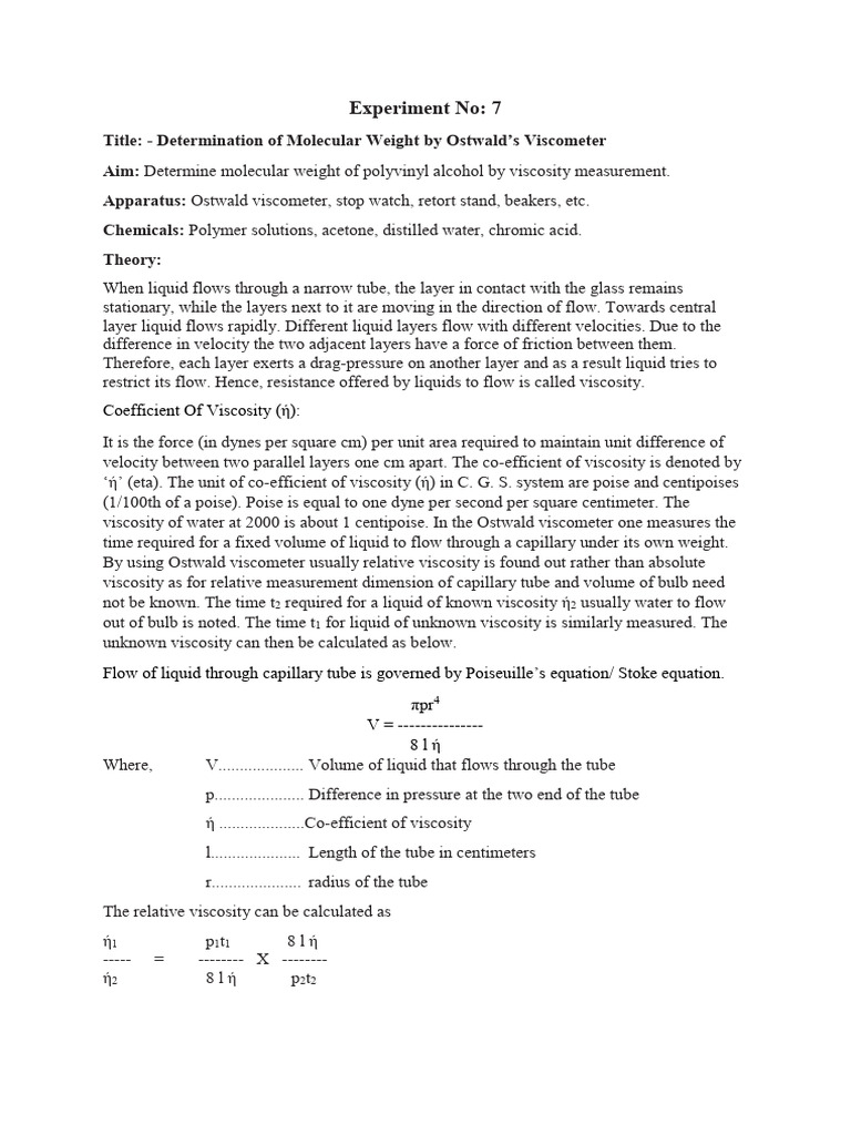 Molecular Weight via Ostwald Viscometer | PDF | Viscosity | Liquids