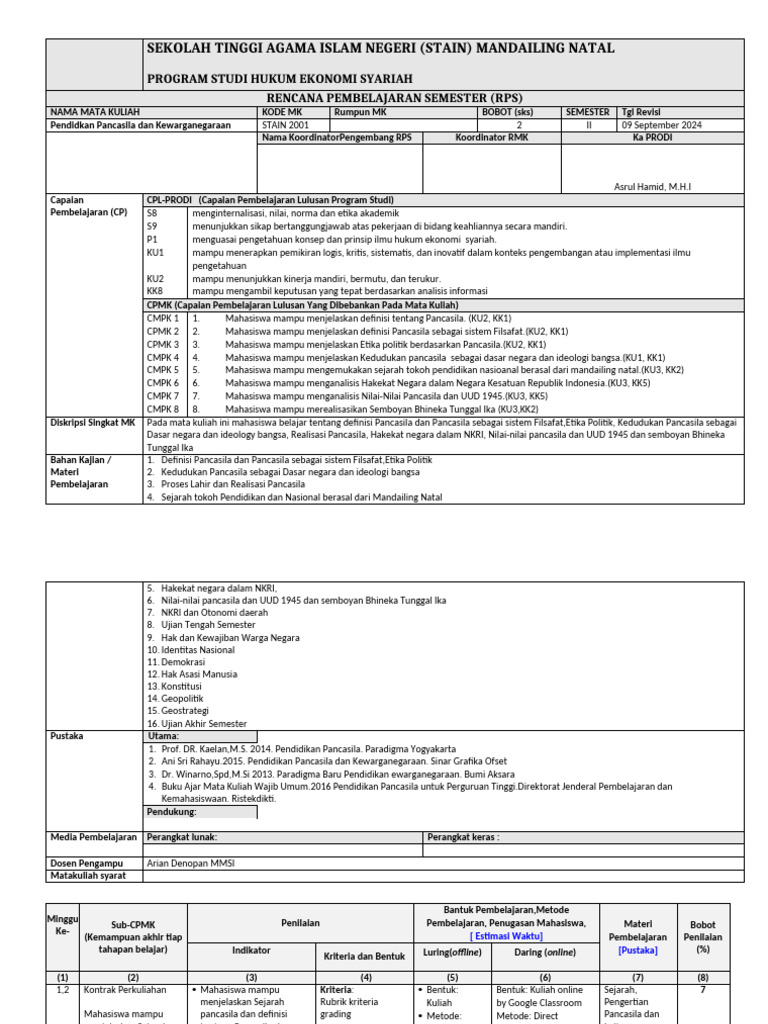 RPS Pendidikan Pancasila | PDF