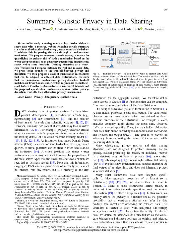 Summary Statistic Privacy in Data Sharing | PDF | Probability ...