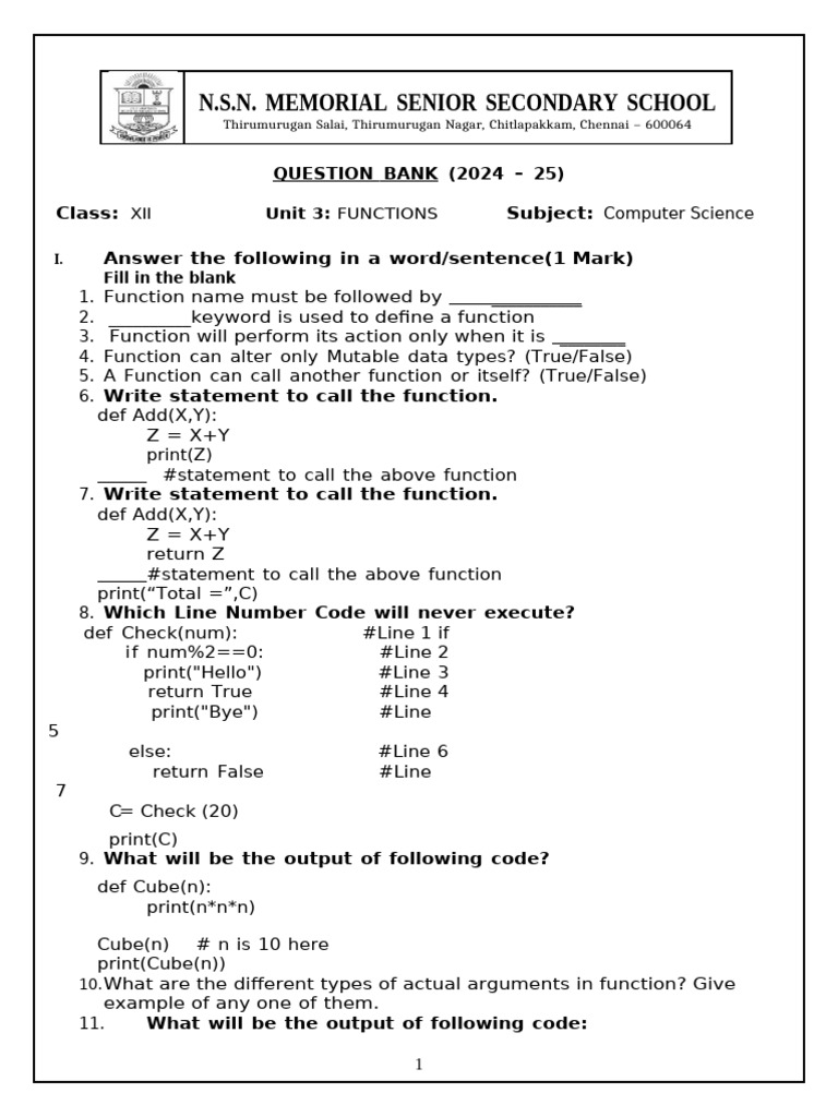 XII CSC - QB(FUNCTION) | PDF | Function (Mathematics) | Software Engineering