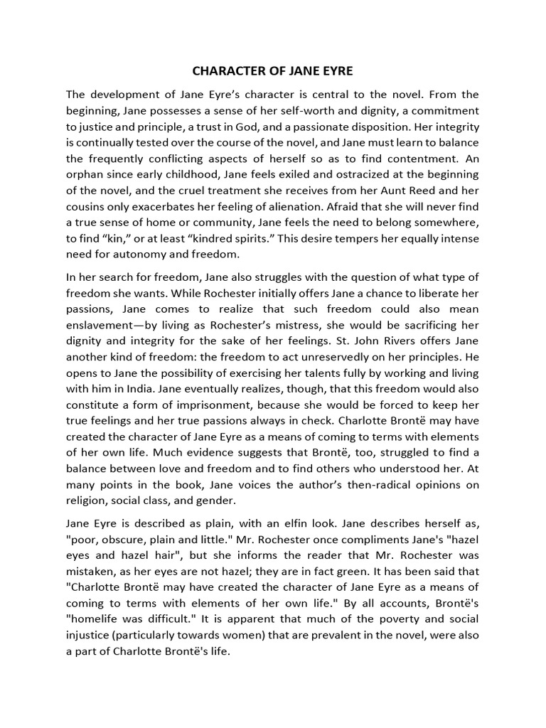Character of Jane Eyre | PDF | Charlotte Brontë | Jane Eyre