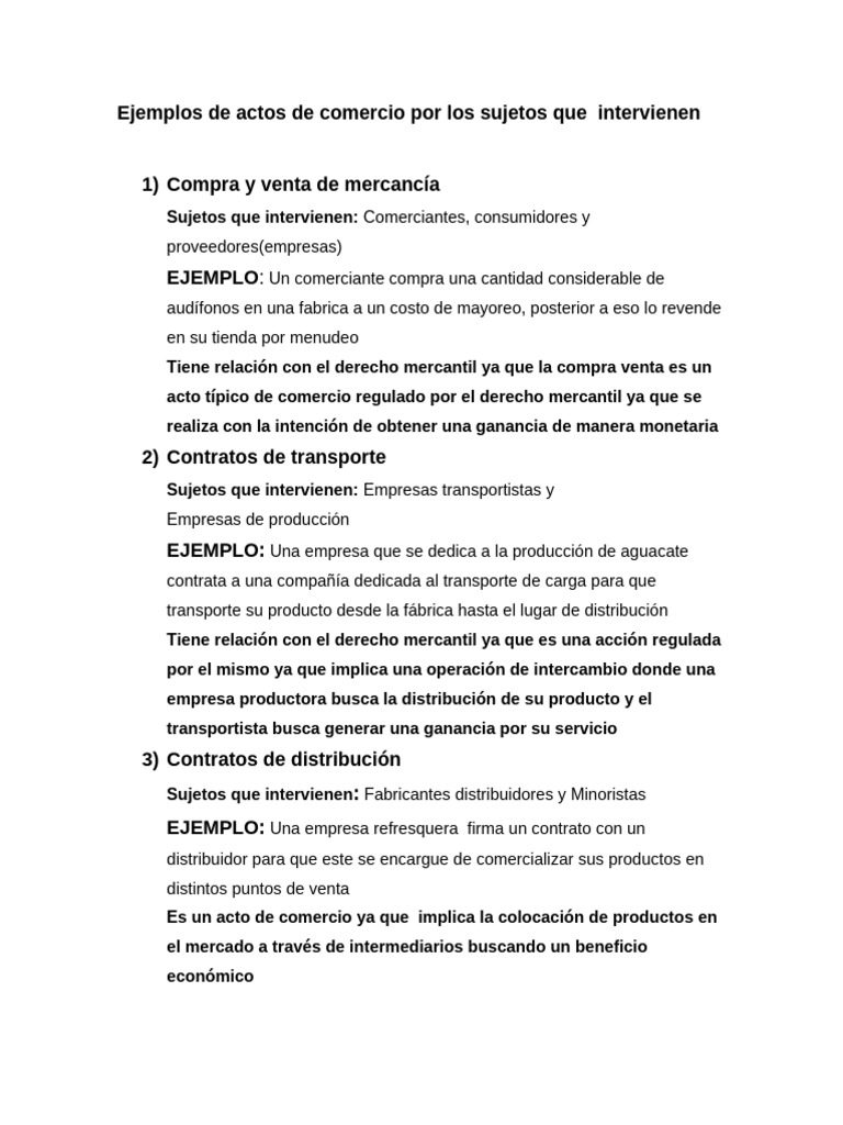 Ejemplos de Actos de Comercio Por Los Sujetos Que Intervienen | PDF