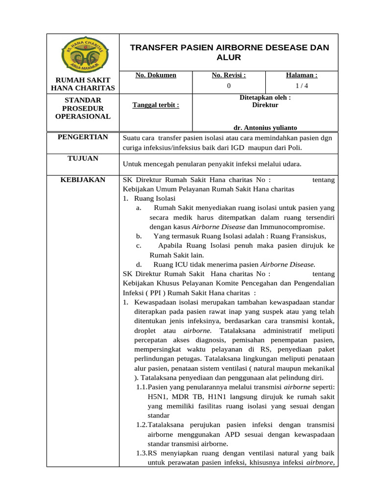 Spo Transfer Pasien Air Borne Dan Alur | PDF