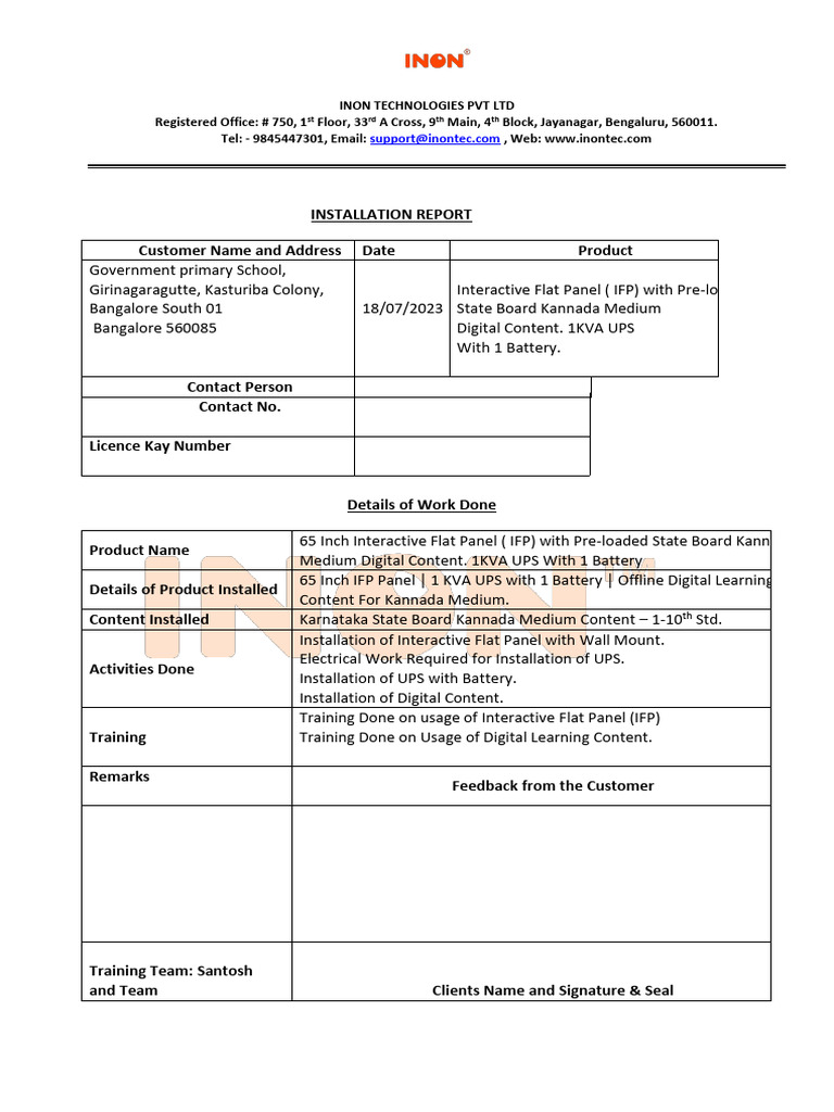 Installation Report for IFP in Bangalore | PDF