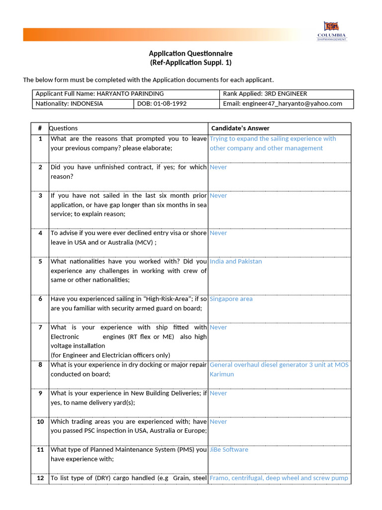 Application Questionnaire for 3rd Engineer | PDF | Water Transport ...