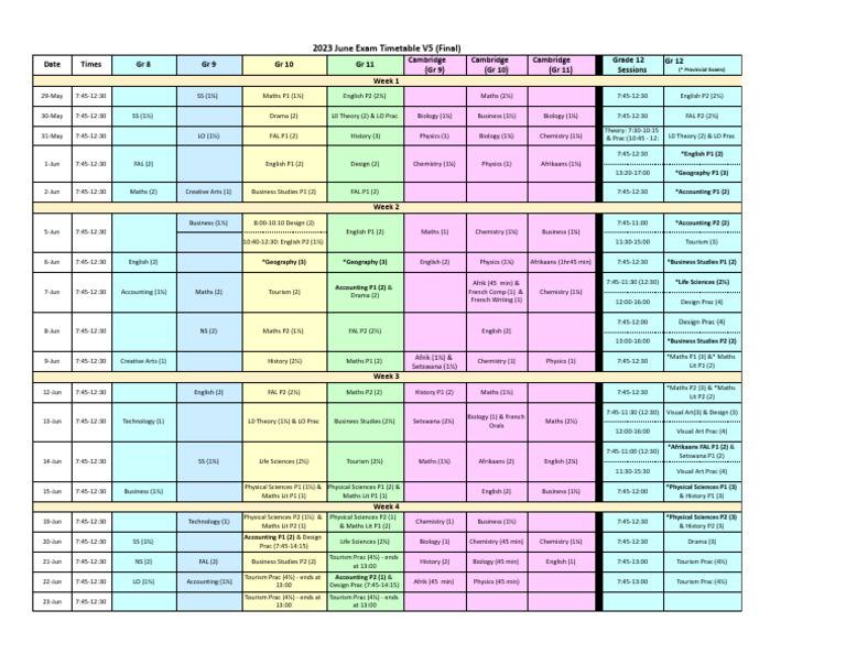 2023 June Exam Timetable V5 Final | PDF | Physical Sciences | Natural Sciences