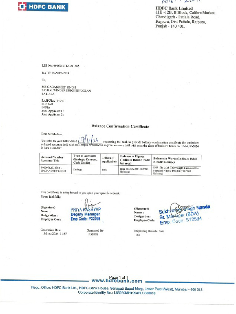 Gagandeep Singh Balance Certificate | PDF