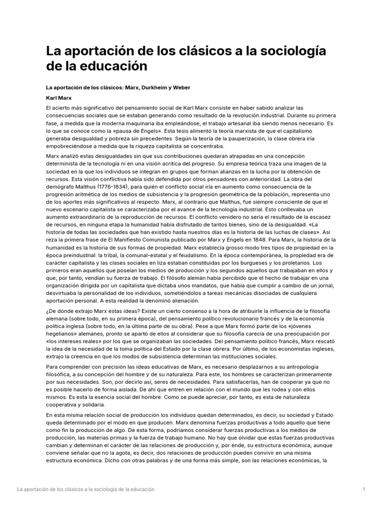 La Aportación de Los Clásicos A La Sociología de La Educación | PDF | Karl Marx | Emile Durkheim