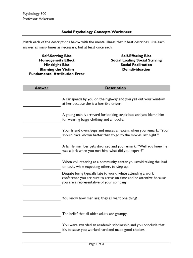 Worksheet SocialPsychology | PDF | Psychological Concepts | Behavioural ...