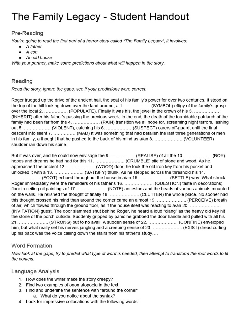 c1 - c2 Spooky Word Formation - The Family Legacy Student Handout | PDF | Language Arts ...