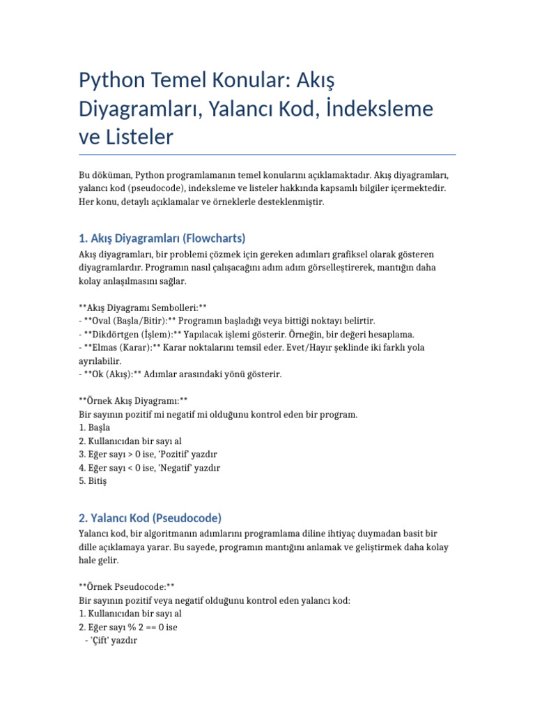 Python Temel Konular Akis YalanciKod Indeksleme Listeler | PDF