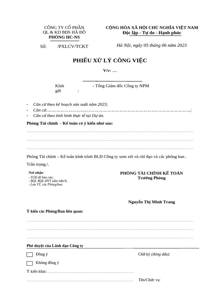 Phieu Xu Ly Cong Viec | PDF