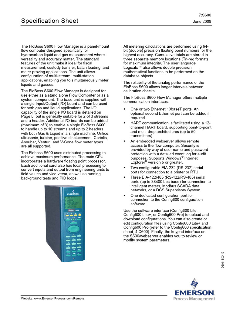 Floboss™ S600 Flow Manager: Specification Sheet | PDF | Analog To ...