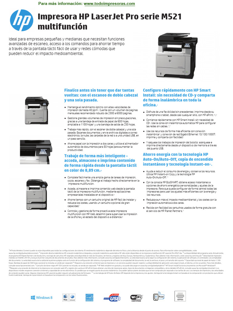 Caracteristicas Impresora HP Laserjet Pro m521 MFP | PDF | Impresora (Computación) | Fax