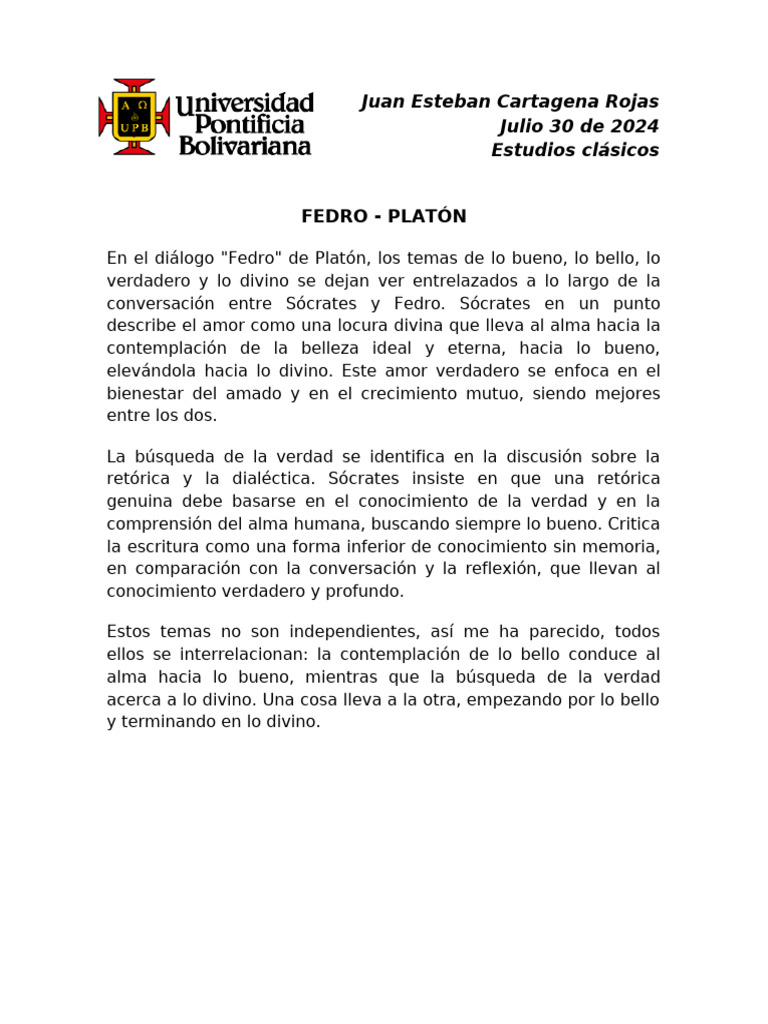 Fedro de Platón: Amor y Verdad | PDF | Filosofía