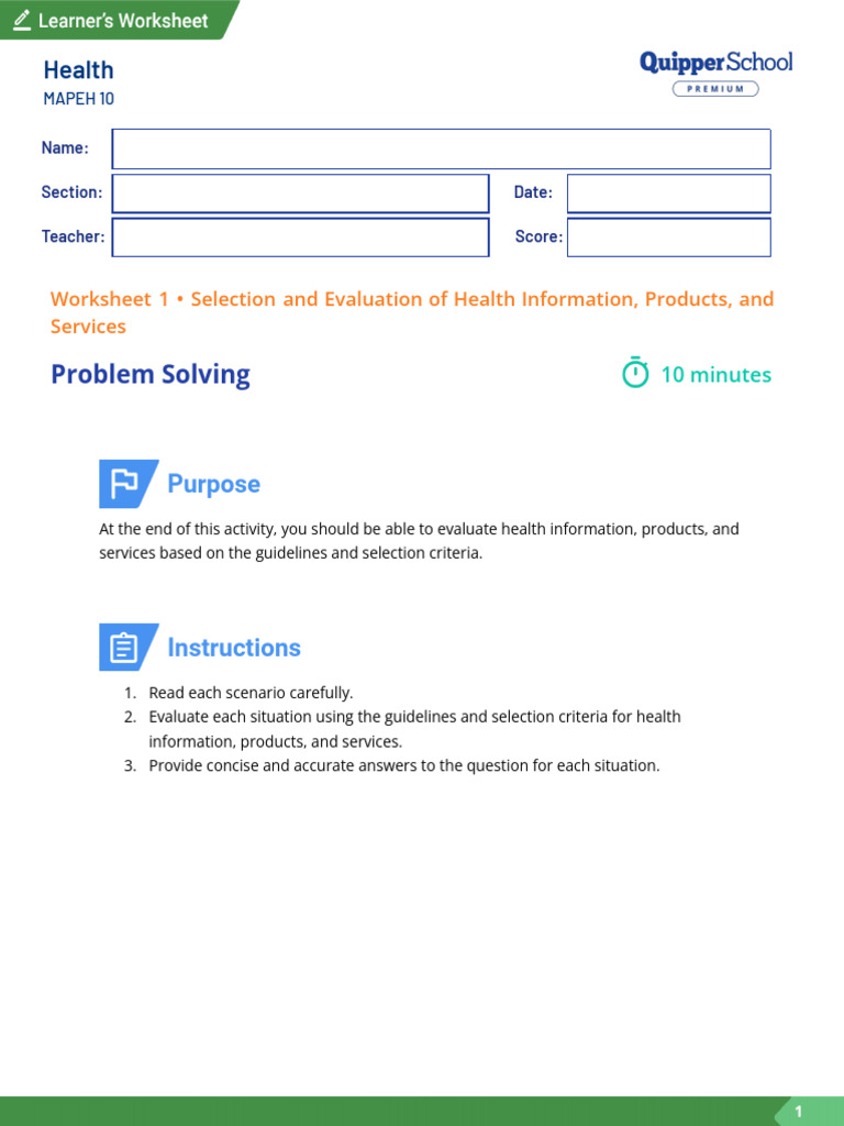 HEALTH 10 Worksheet 1 - Selection and Evaluation of Health Information ...