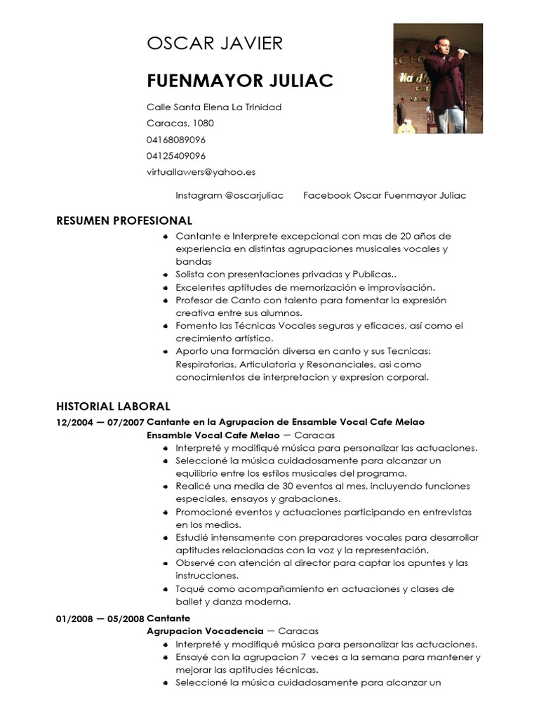 Trayectoria de Javier Fuenmayor en Canto | PDF | Canto | Las artes ...