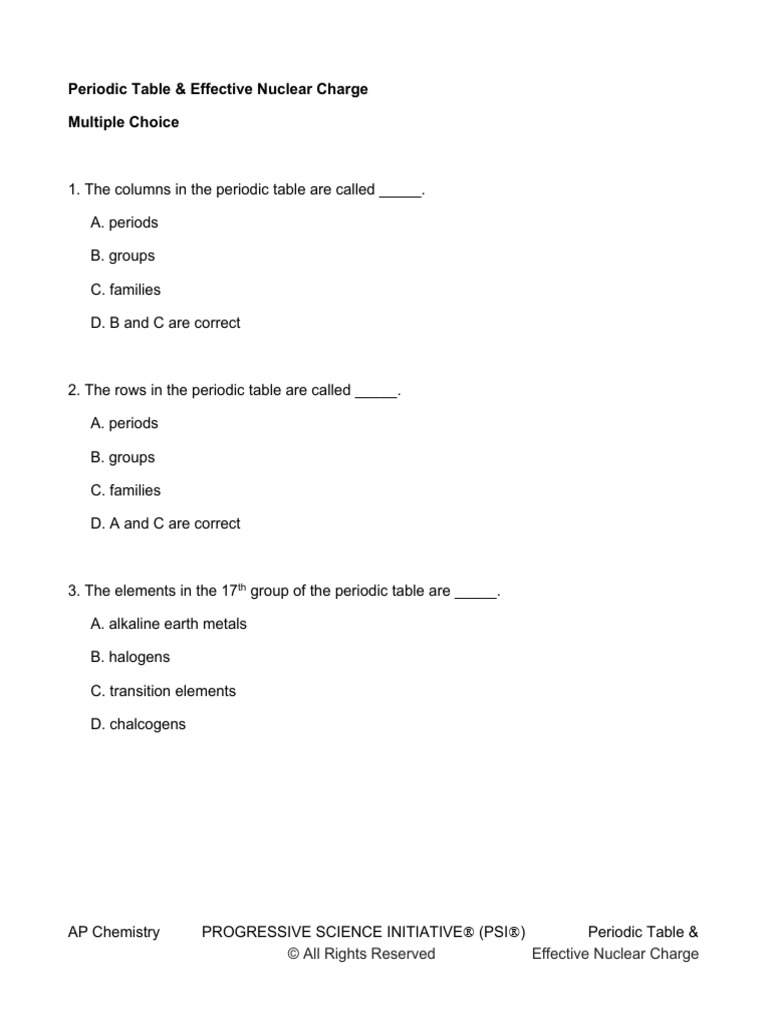 Worksheet The Periodic Table Effective Nuclear Charge Multiple Choice ...